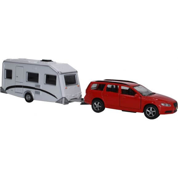 Köp Leksaksbil röd Volvo V70 och husvagn Kids Globe